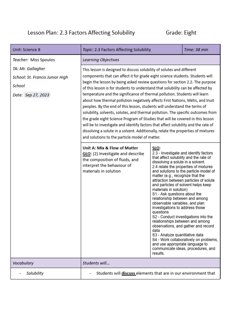 Lesson Plan: 2.3 Factors Affecting Solubility Grade: Eight: Unit ...