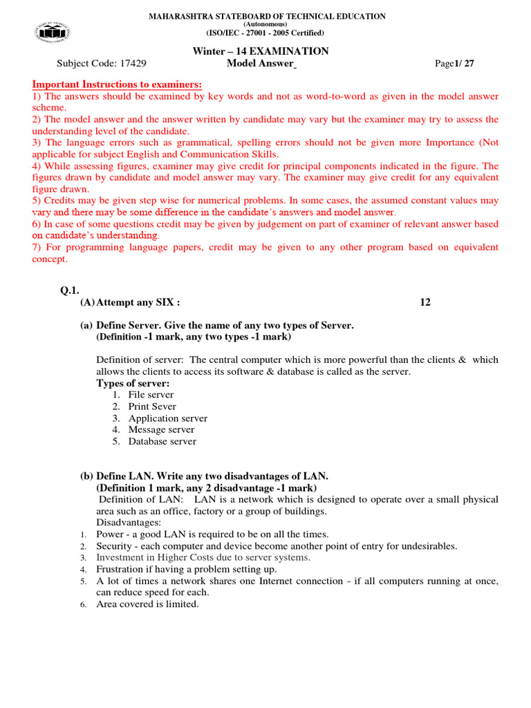 2014 Winter Model Answer Paper | PDF | Osi Model | Computer Network