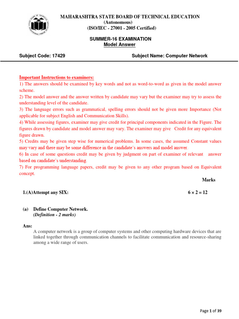 2016 Summer Model Answer Paper | PDF