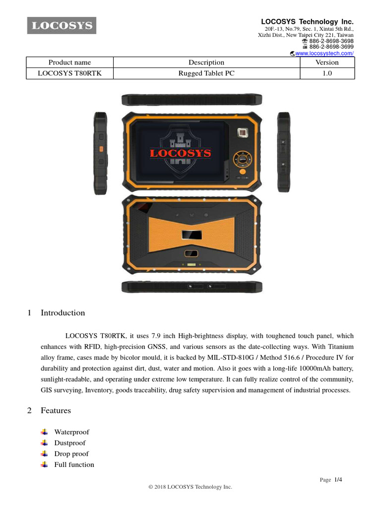 Rugged LOCOSYS T80RTK Tablet Specs | PDF | Mobile Telecommunications ...