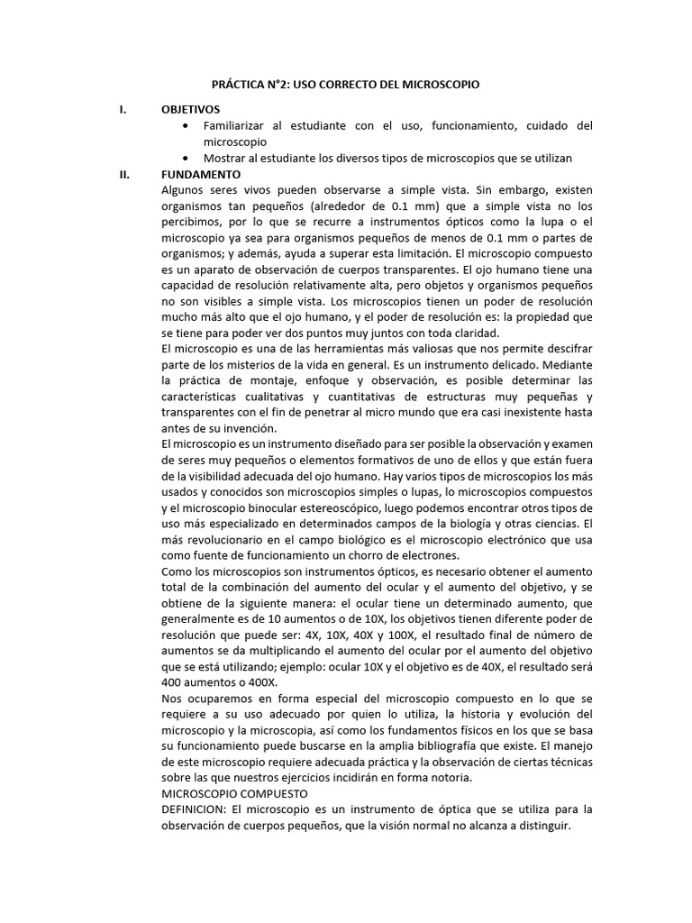 Practican°2 Uso Correcto Del Microscopio | PDF | Microscopio | Óptica