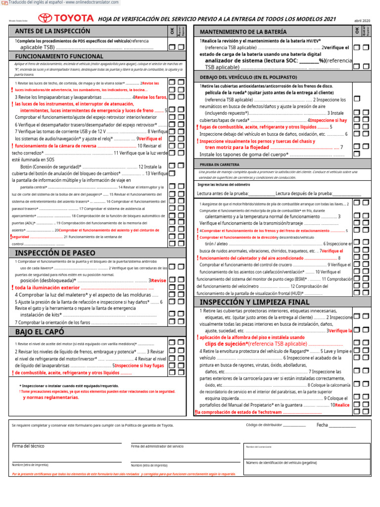 T-SB-0036-20 - 2021 PDI Checklist - En.es | PDF