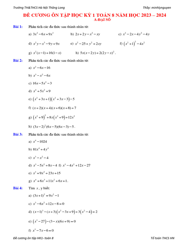 ĐỀ CƯƠNG ÔN TẬP HK1 -TOÁN 8A2- NĂM 2023-2024-MINHLY | PDF