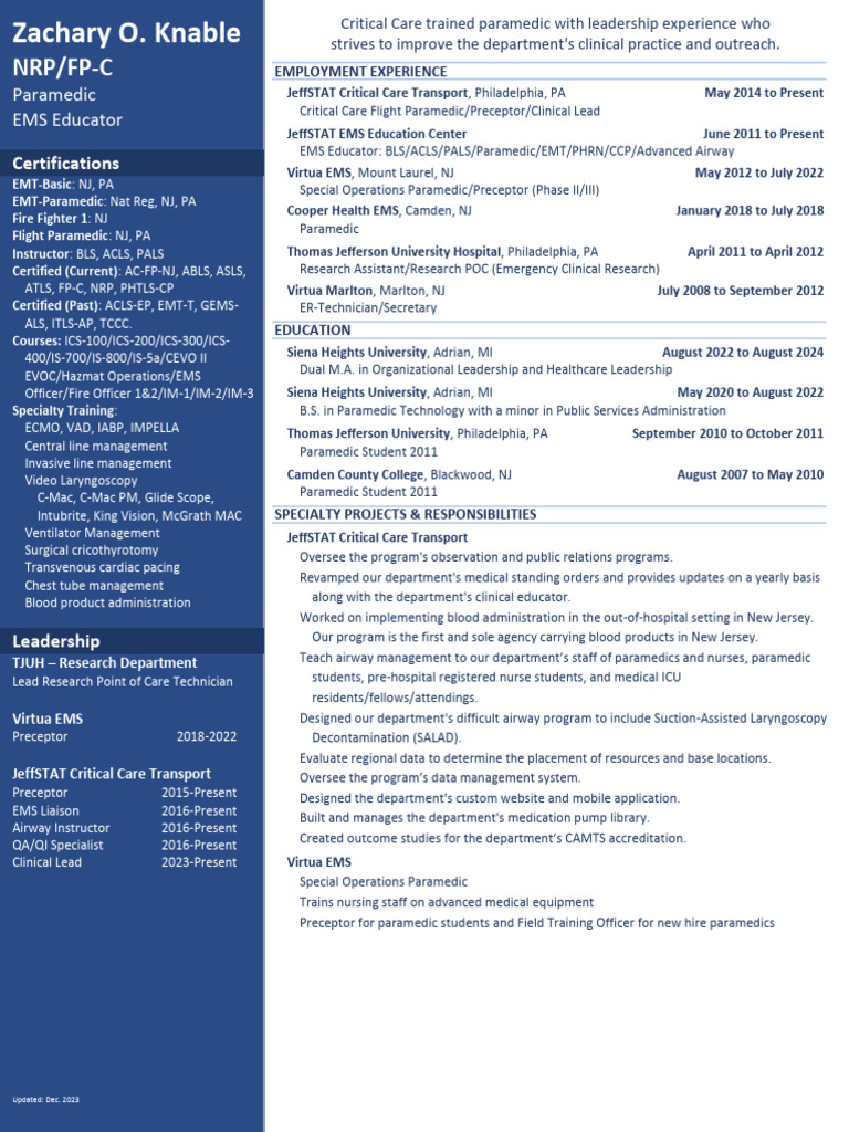 zachary knable resume 12-23 - no contact info | PDF | Emergency Medical Services | Paramedic