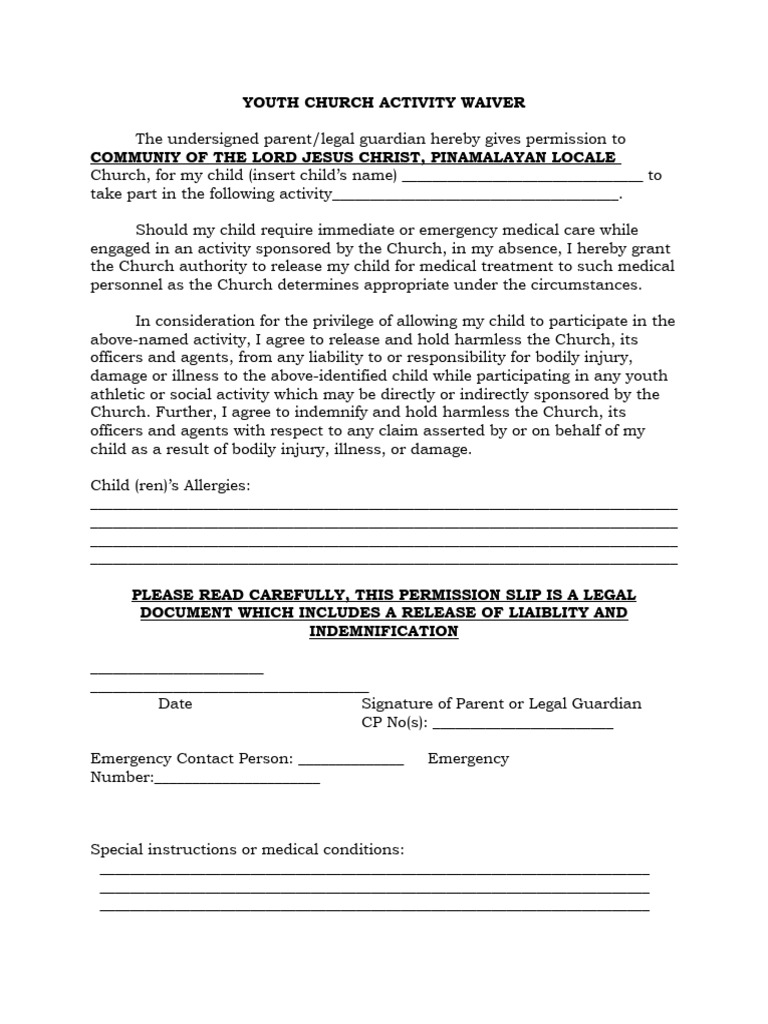 Youth Church Activity Waiver | PDF