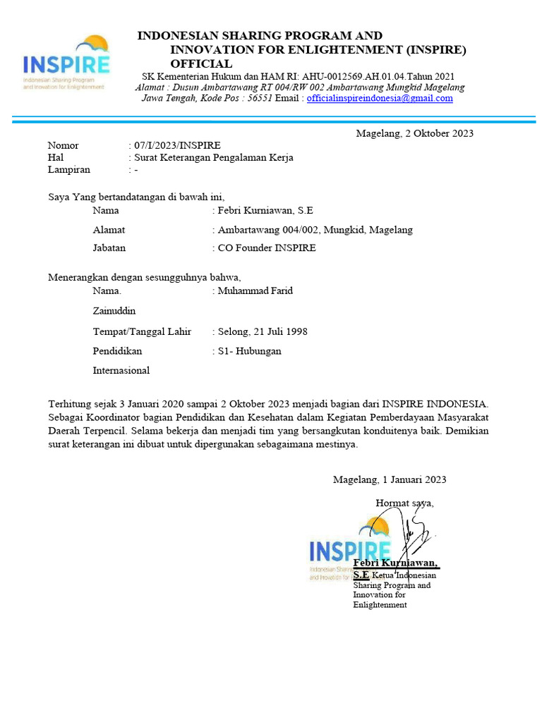 Surat Pengalaman Kerja Muhammad Farid | PDF | Karier & Perkembangan