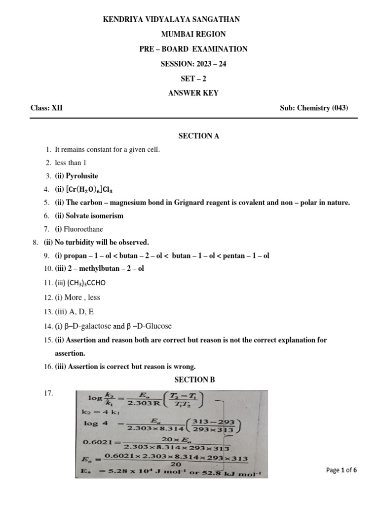Chemistry Pre-Board Exam Answer Key | PDF | Solubility | Chemical Compounds