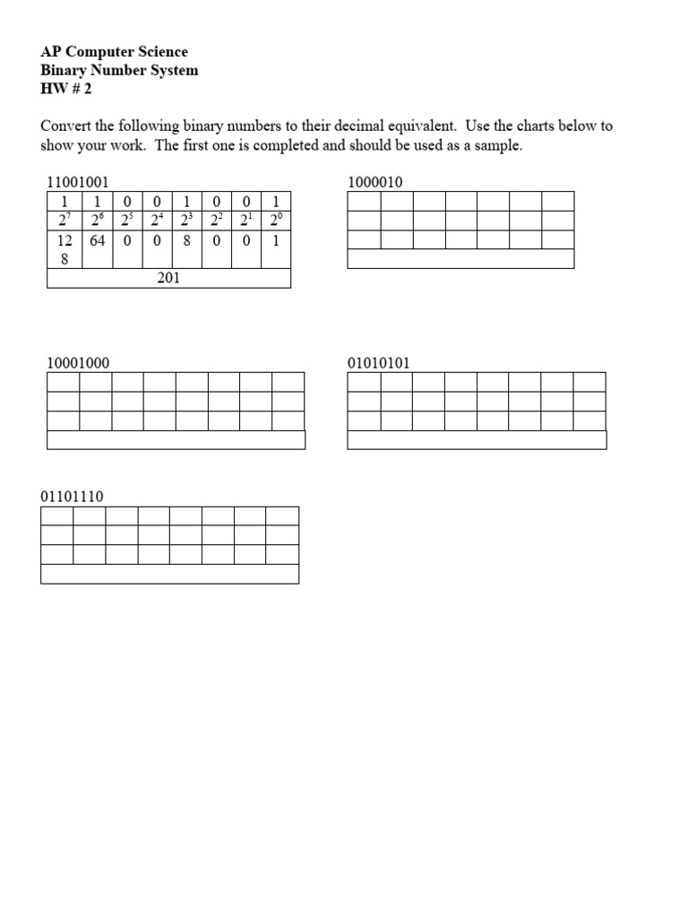 AP Computer Science Binary Number System HW # 2 | PDF