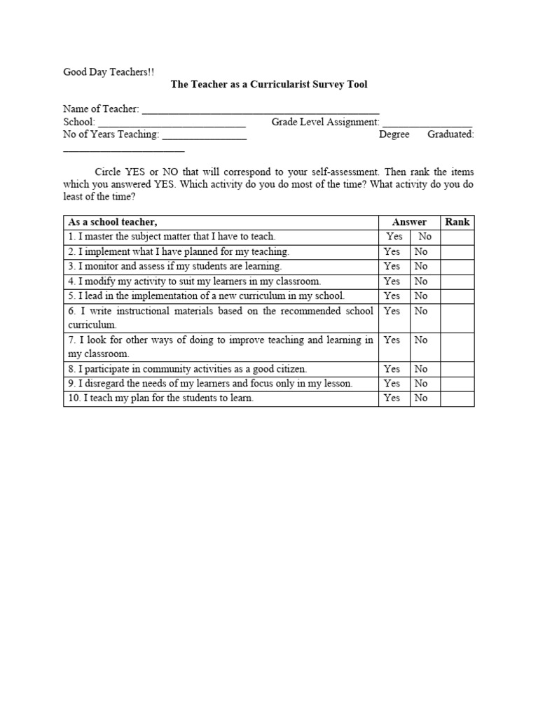 Teacher Self-Assessment Survey | PDF