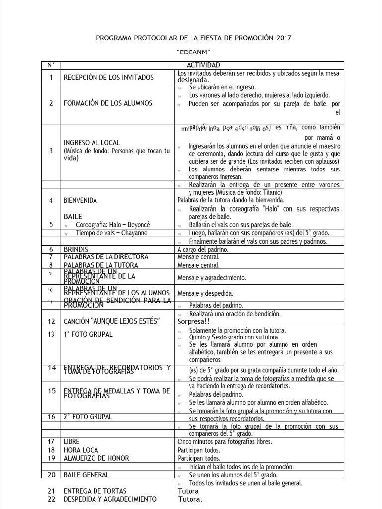 PDF Programa Protocolar de La Fiesta de Promocion - Compress | PDF