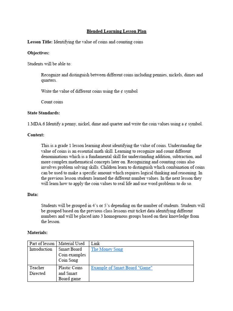 Blended Learning Lesson Plan-5 | PDF | Coins | Mathematics