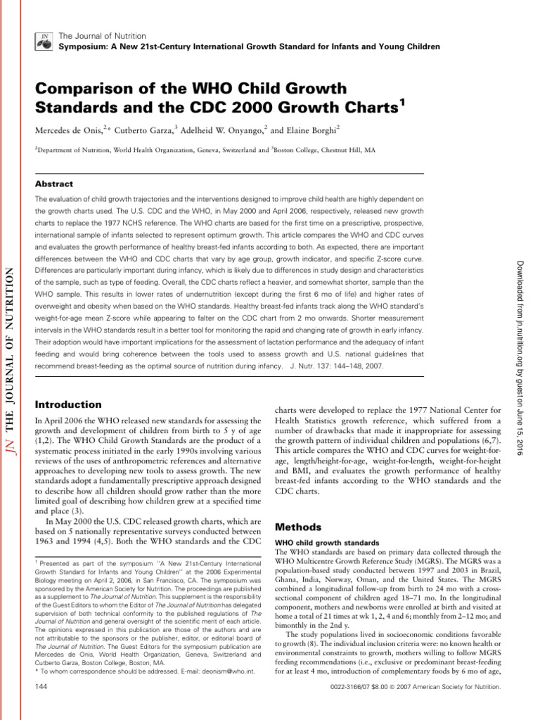 Comparison of The WHO Child Growth Standards and The CDC 2000 Growth ...