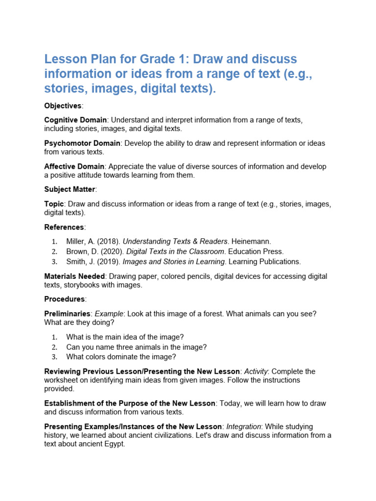 Draw and Discuss Information or Ideas From A Range of Text (E.g ...