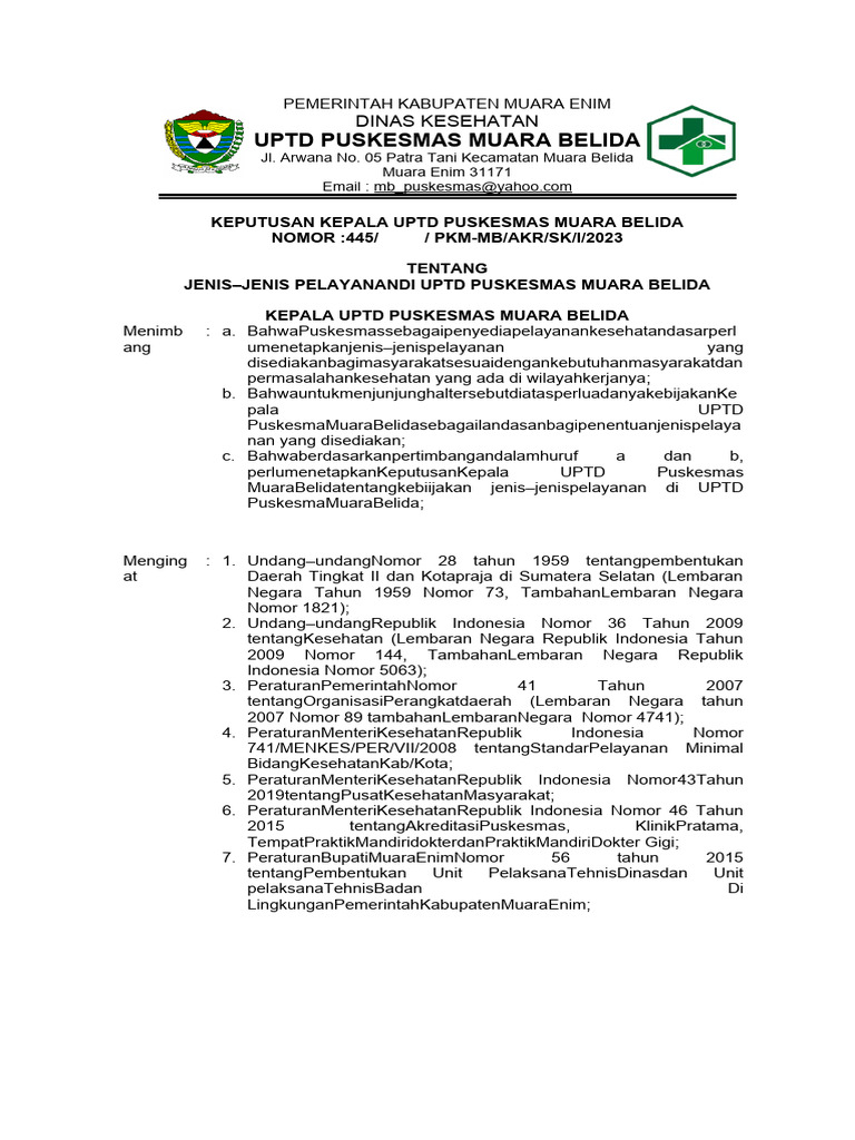 SK KEPALA PUSKESMAS TENTANG JENIS-JENIS PELAYANAN PUSKESMAS 2023 | PDF