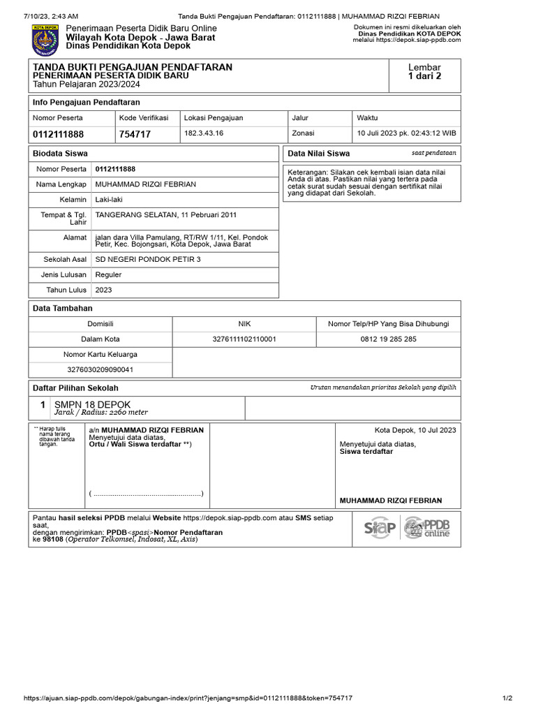 Tanda Bukti Pengajuan Pendaftaran - 0112111888 - MUHAMMAD RIZQI FEBRIAN ...