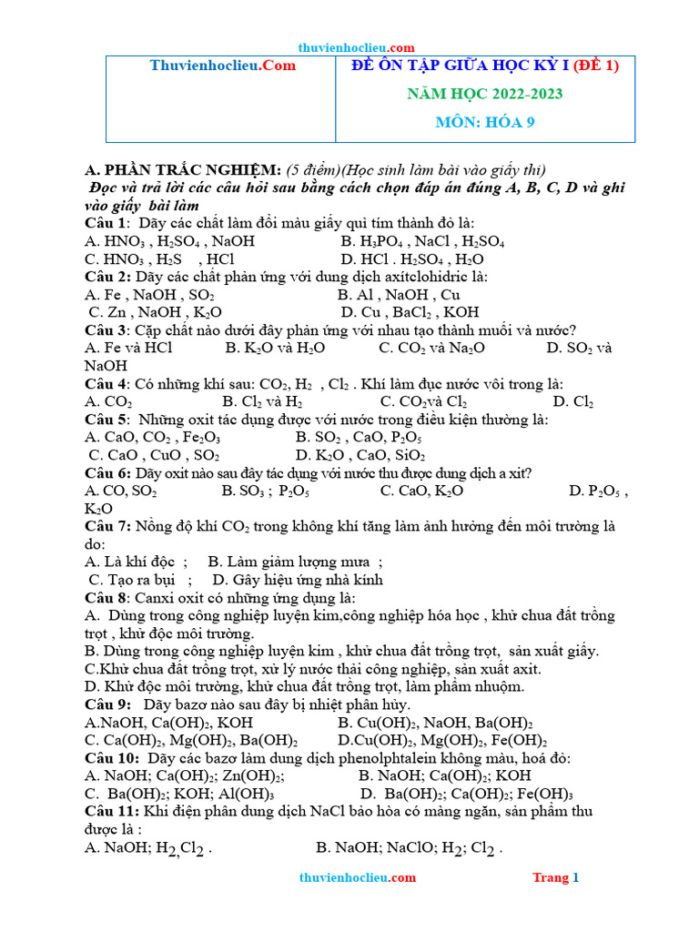 Bo de On Tap Giua HK1 Mon HOA 9 Nam 2022 2023 | PDF
