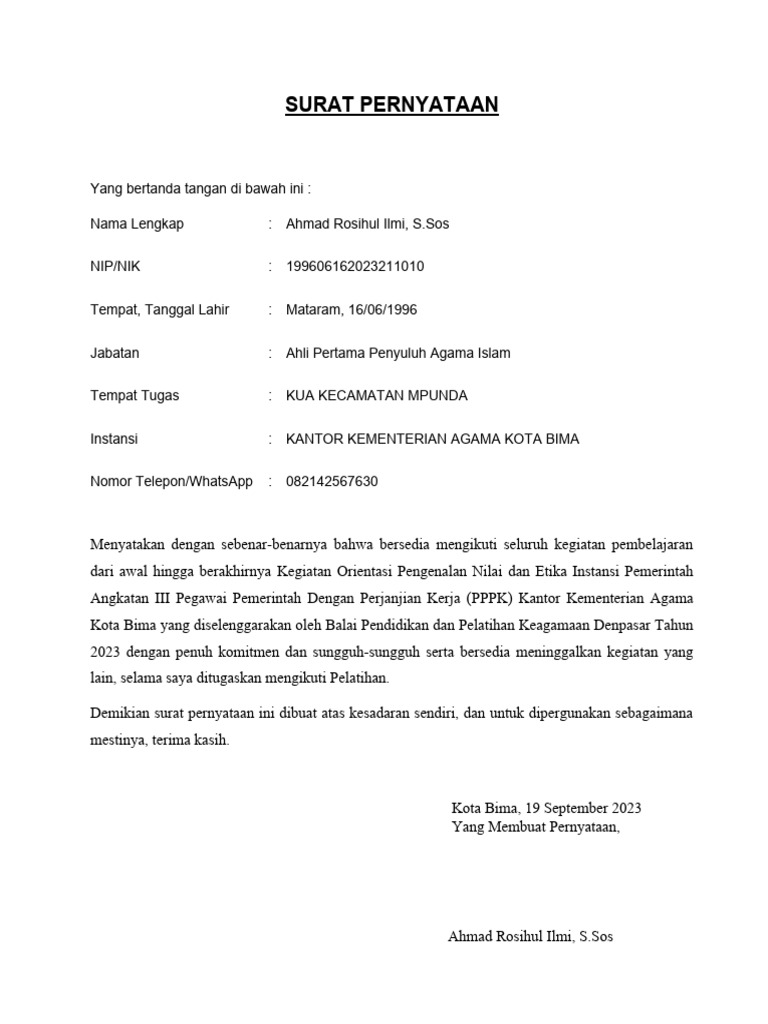 Contoh Surat Pernyataan - MERGE | PDF