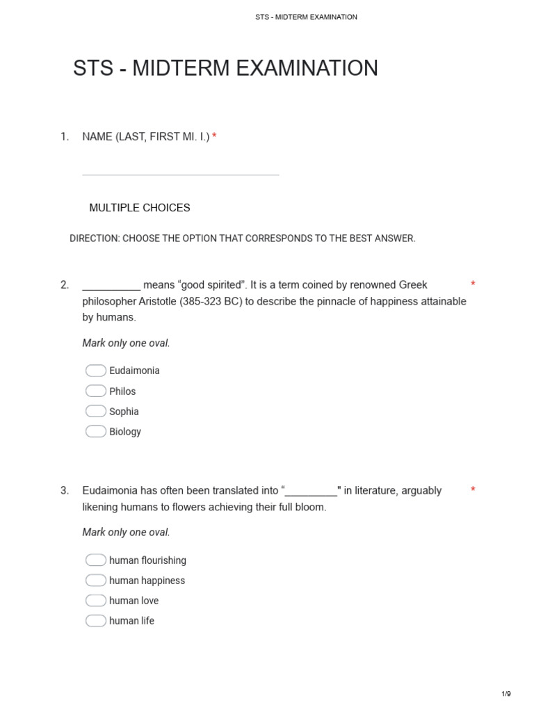 Sts - Midterm Examination - Google Forms | Download Free PDF | Happiness | Aristotle