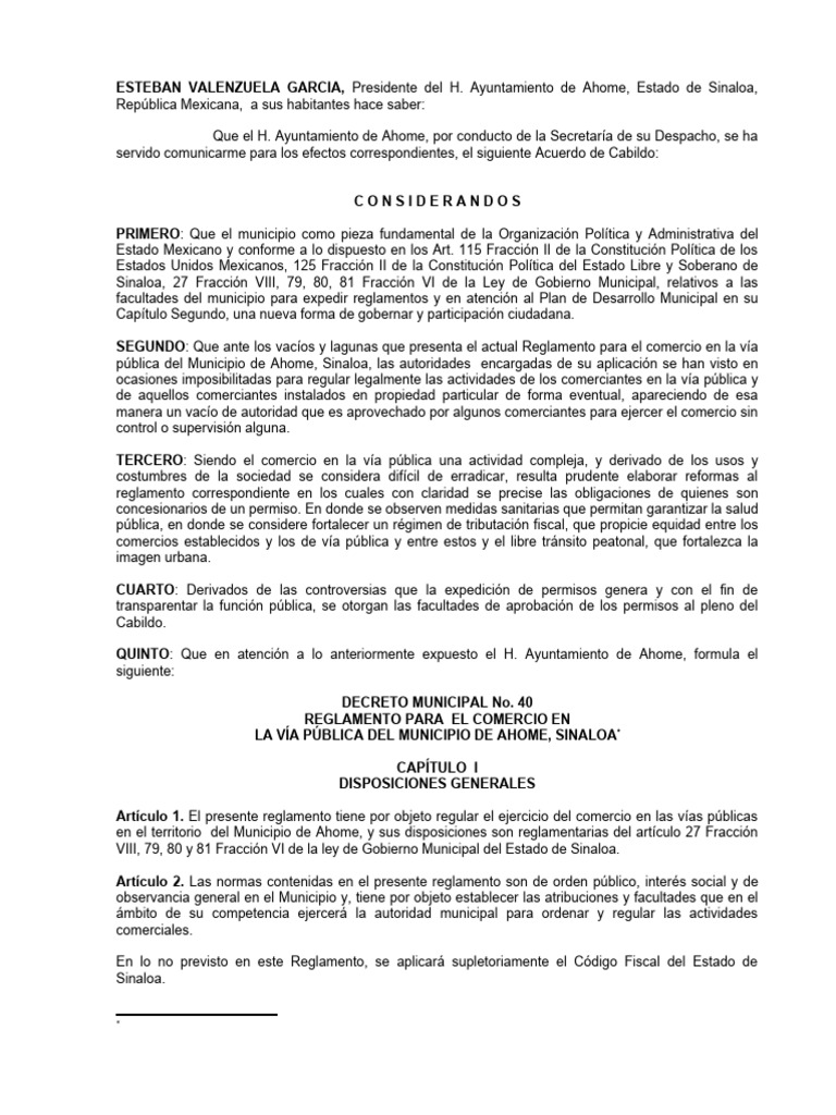Decreto Municipal No. 40 Reglamento para El Comercio en | PDF ... Decreto Municipal No. 40 Reglamento para El Comercio en | PDF ...