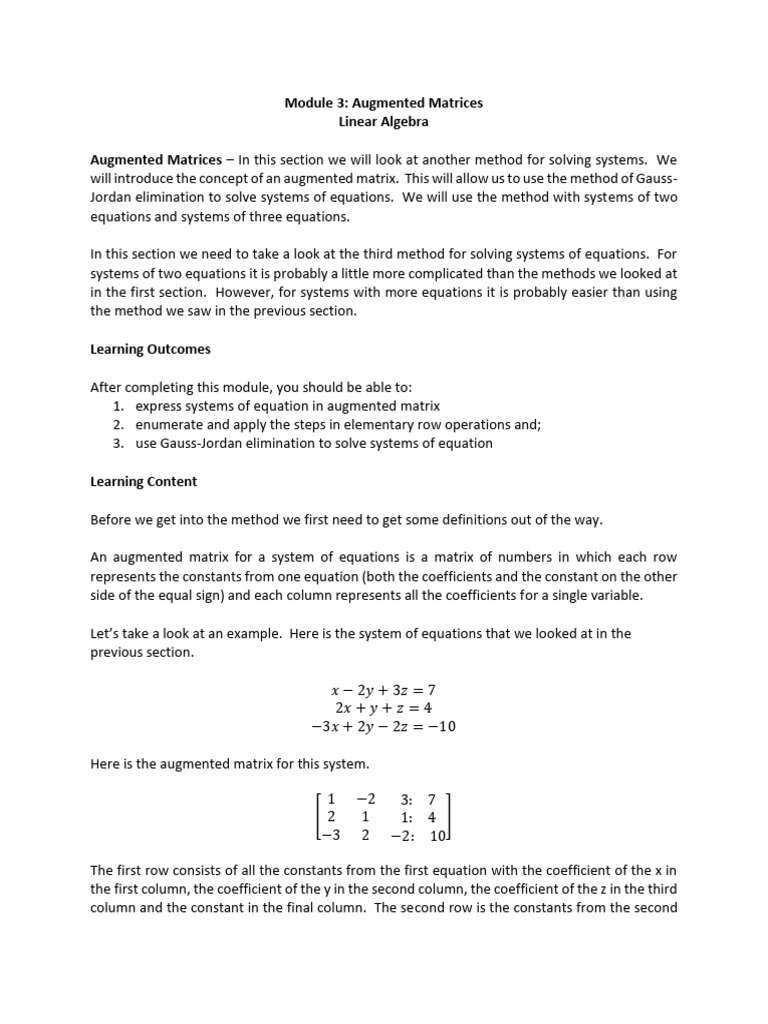 Module 1c Augmented Matrices 1 | PDF | Matrix (Mathematics) | Mathematics Of Computing