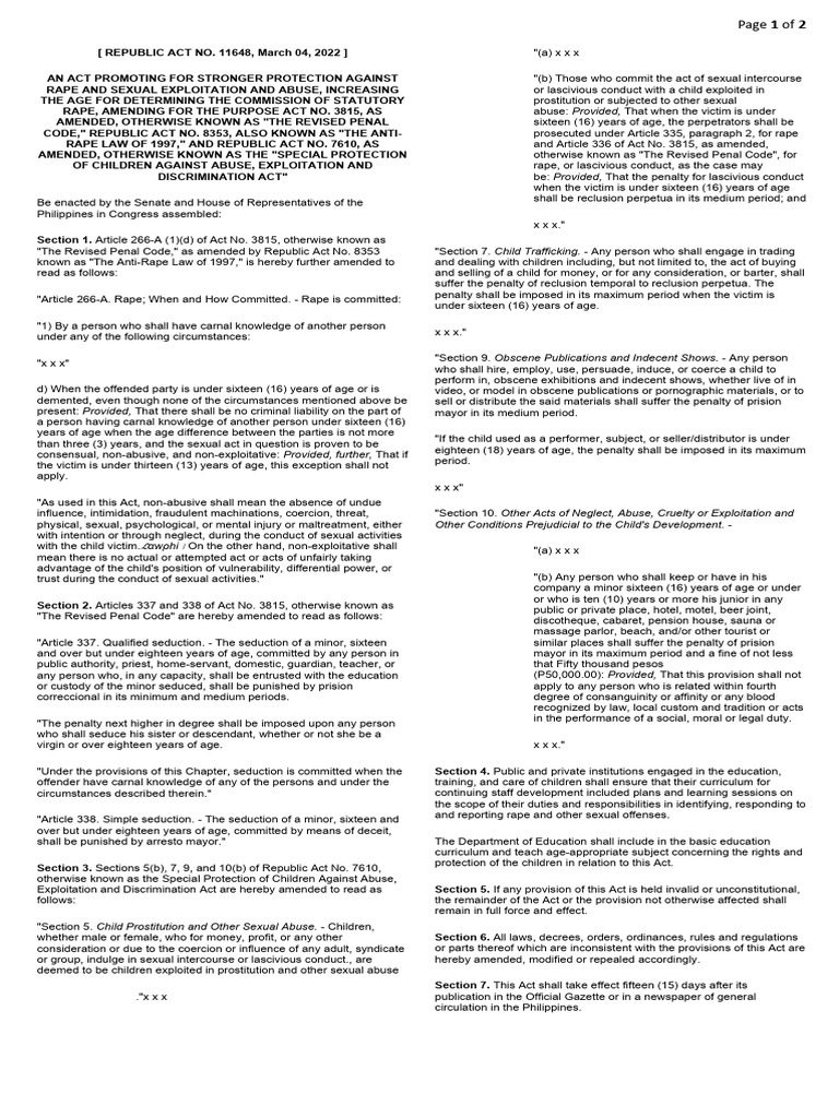 Ra 11648 | PDF | Rape | Injustice