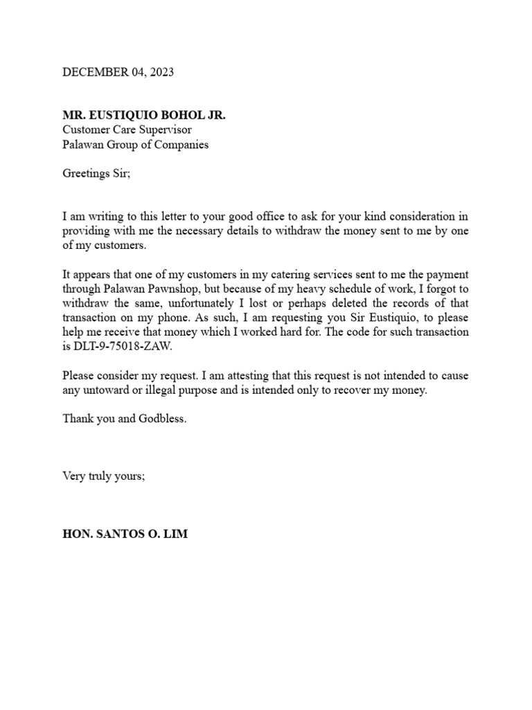 Letter Request To Palawan | PDF