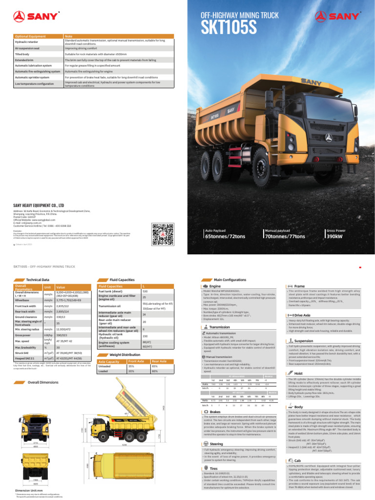 SANY SKT105S Off-Highway Mining Truck - 100338 | PDF | Axle | Truck