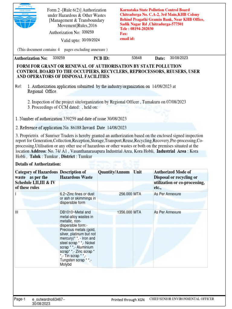 Authorization Application Submitted by The Industry/organization On 14 ...