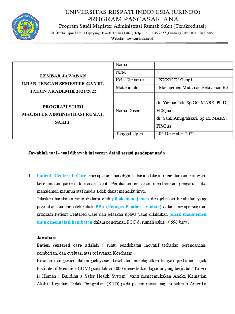 Manajemen Mutu Dan Pelayanan Rumah Sakit | PDF
