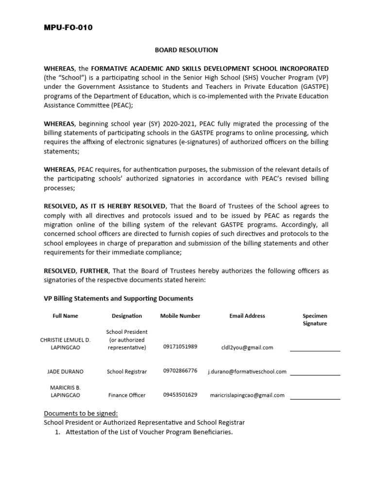 Board Resolution On Assigning Signatories in The Voucher Program4 | PDF ...