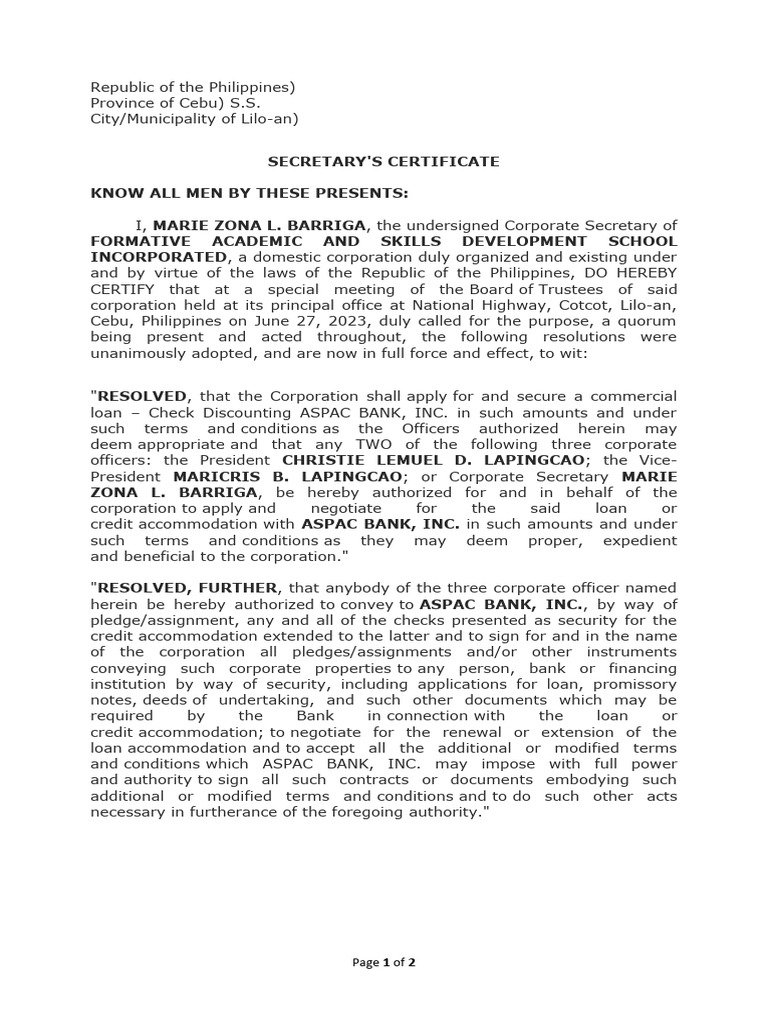 Secretary Certificate | Download Free PDF | Common Law | Justice