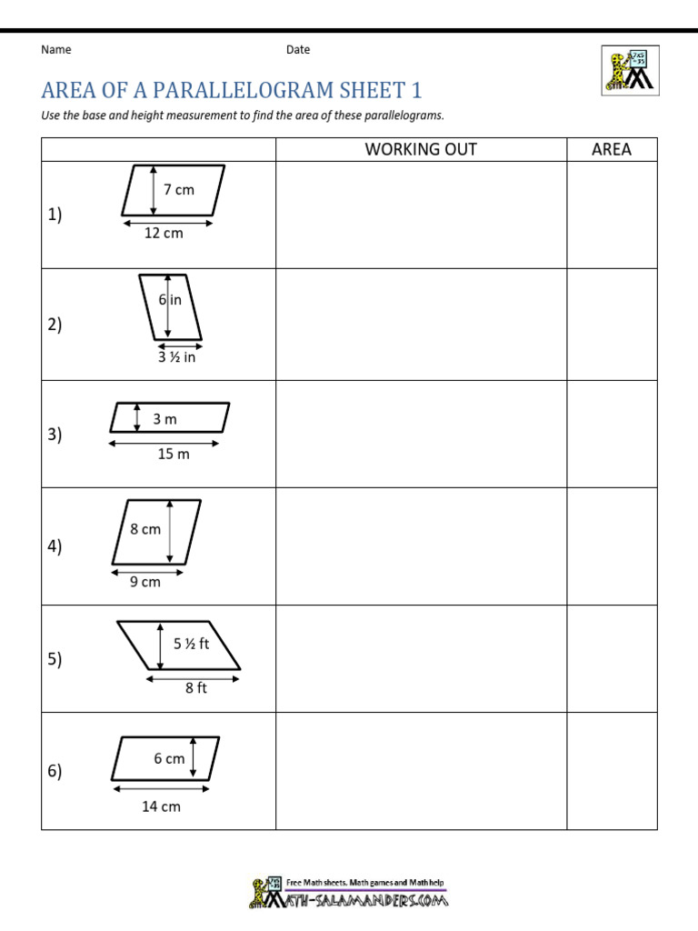 Area of Parallelogram Worksheet | PDF