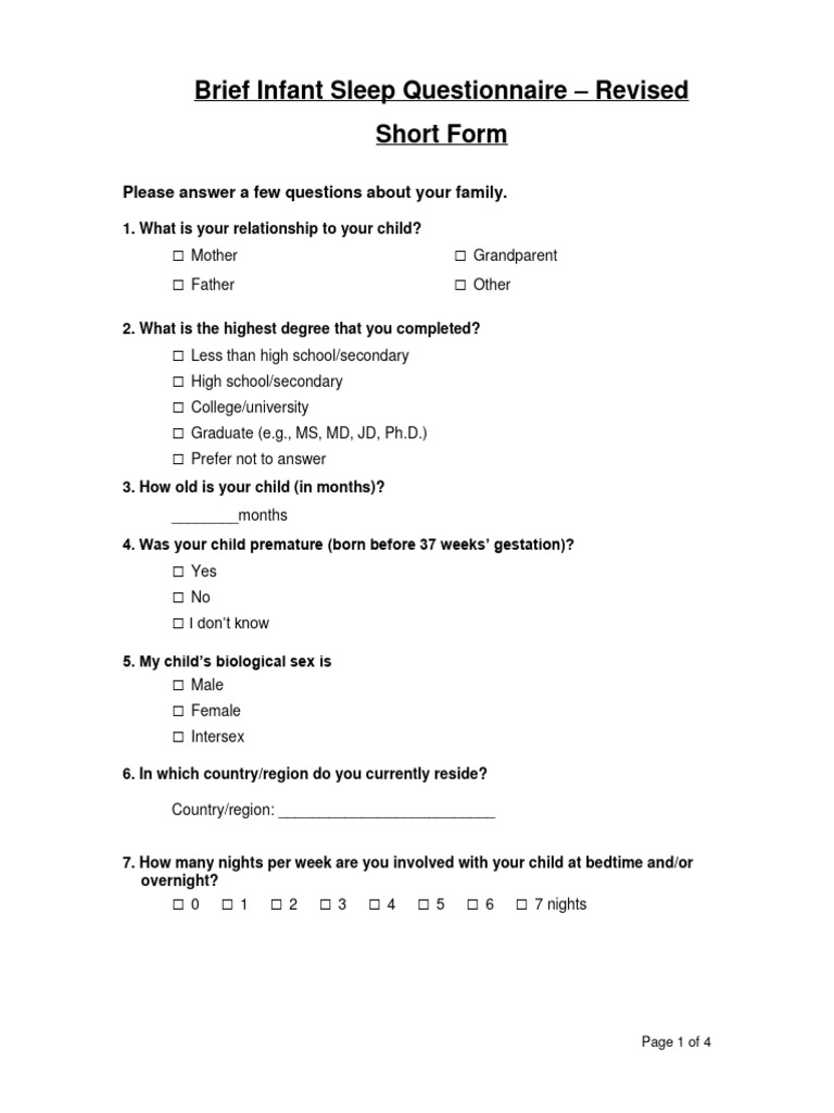 BISQ R Short Mar 2020 Final 1 | PDF | Sleep | Interpersonal Relationships