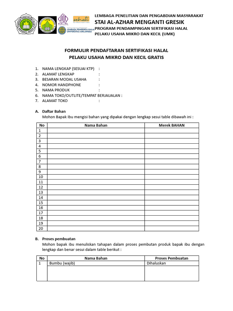 Formulir Pendaftaran Sertifikasi Halal | PDF