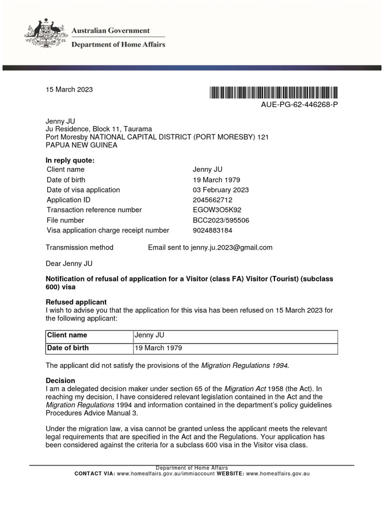 Visitor Visa Refusal Notification | PDF | Travel Visa | Employment