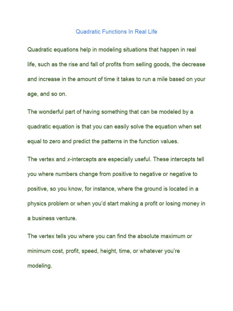 Quadratic Functions in Real Life | PDF | Career & Growth | Teaching ...