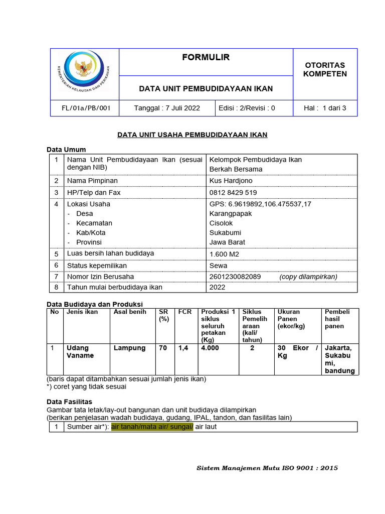 FL - 01a Form Data Unit Pembudidayaan Ikan | PDF