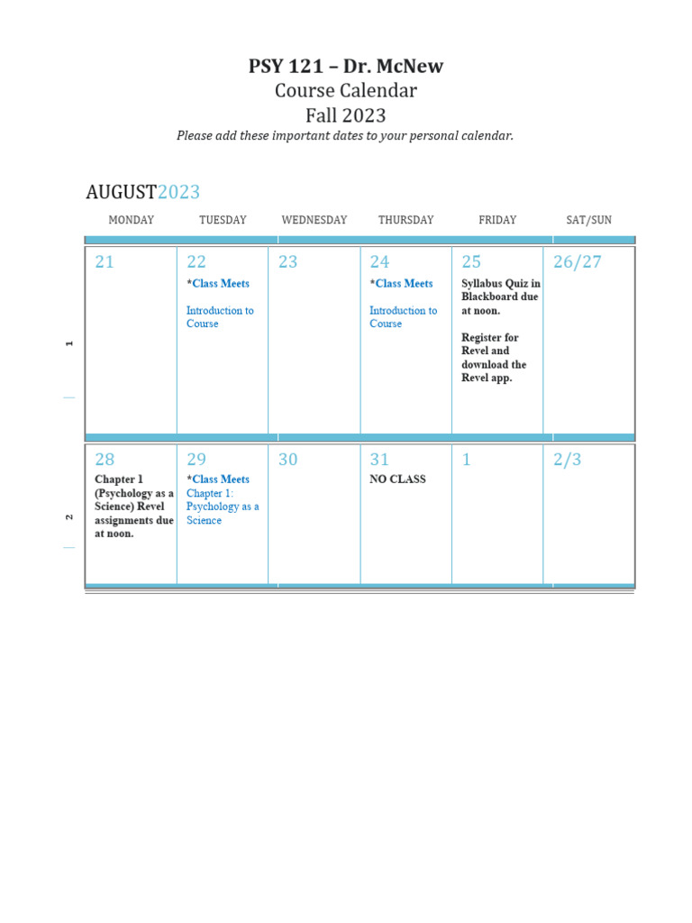 Fall 2023 - Calendar - McNew | PDF | Psychology