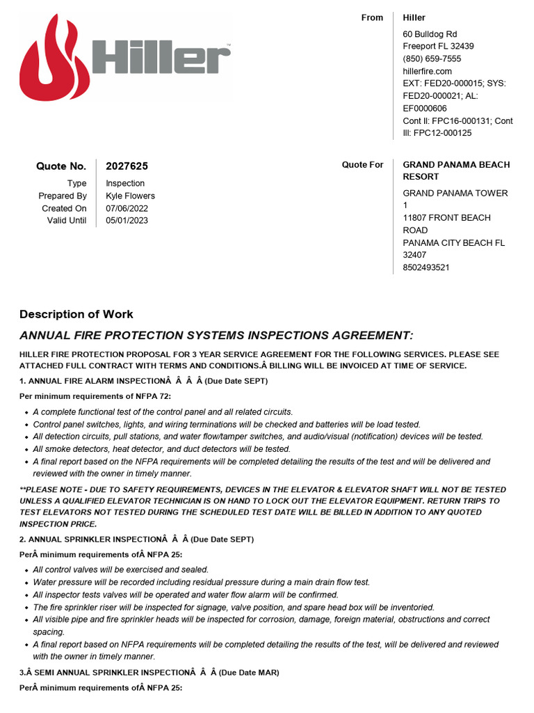 Hiller Annual Fire Protection Systems 3 Year Inspections Agreement ...