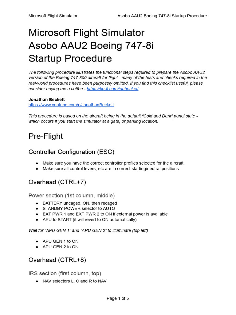 Asobo AAU2 Boeing 7478i Startup Procedure | PDF | Takeoff | Aircraft