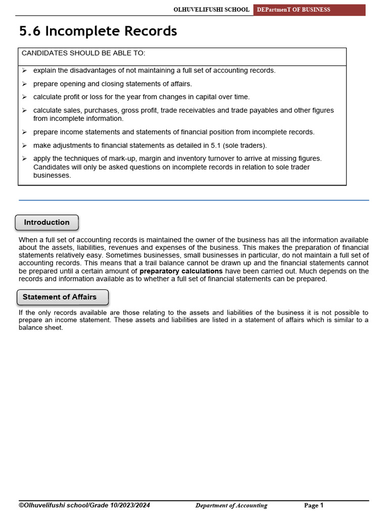 6 Incomplete Records | PDF | Debits And Credits | Balance Sheet