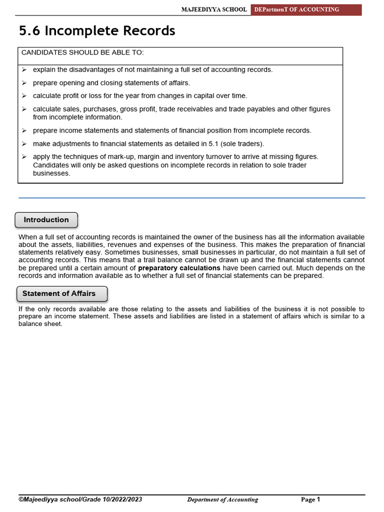 6 Incomplete Records | PDF | Debits And Credits | Balance Sheet