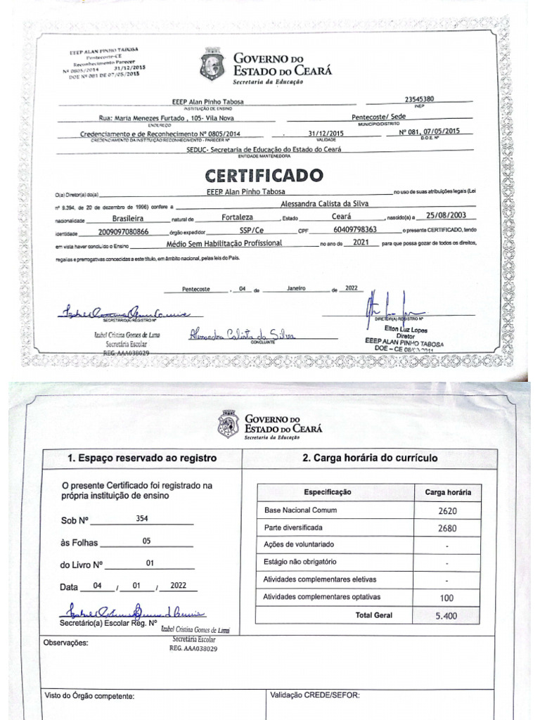 Certificado de Conclusão Do Ensino Médio PDF | PDF