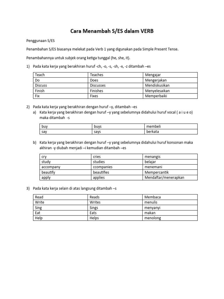 Bahasa Inggris Tambahan S Es Untuk Verb Simple Present Tense | PDF