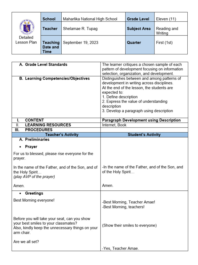 Detailed Lesson Plan 1 Week | PDF | Adverb | Teachers
