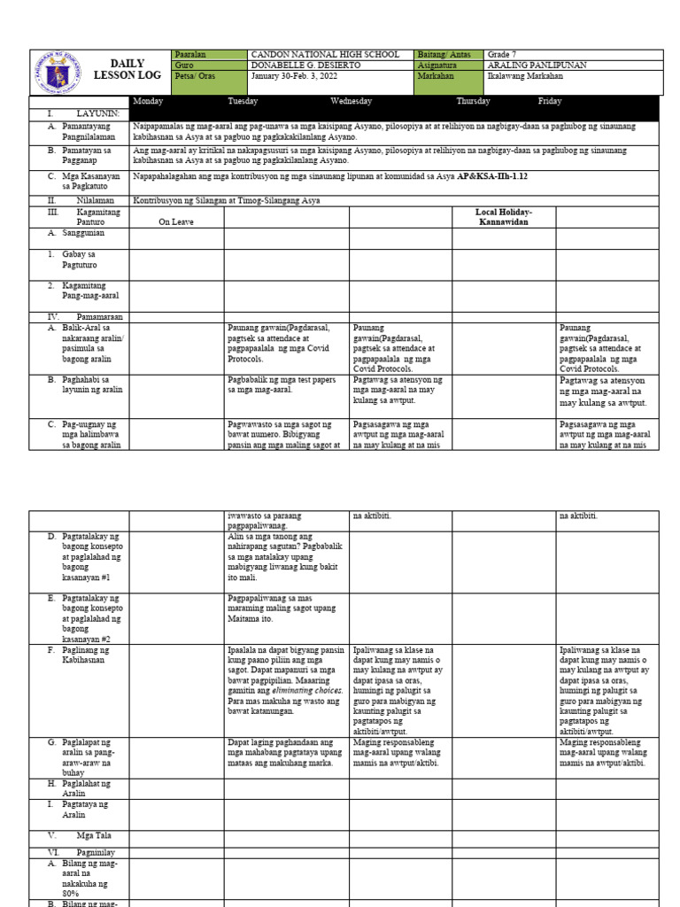 G7-Ap Daily Lesson Log Q3 | PDF