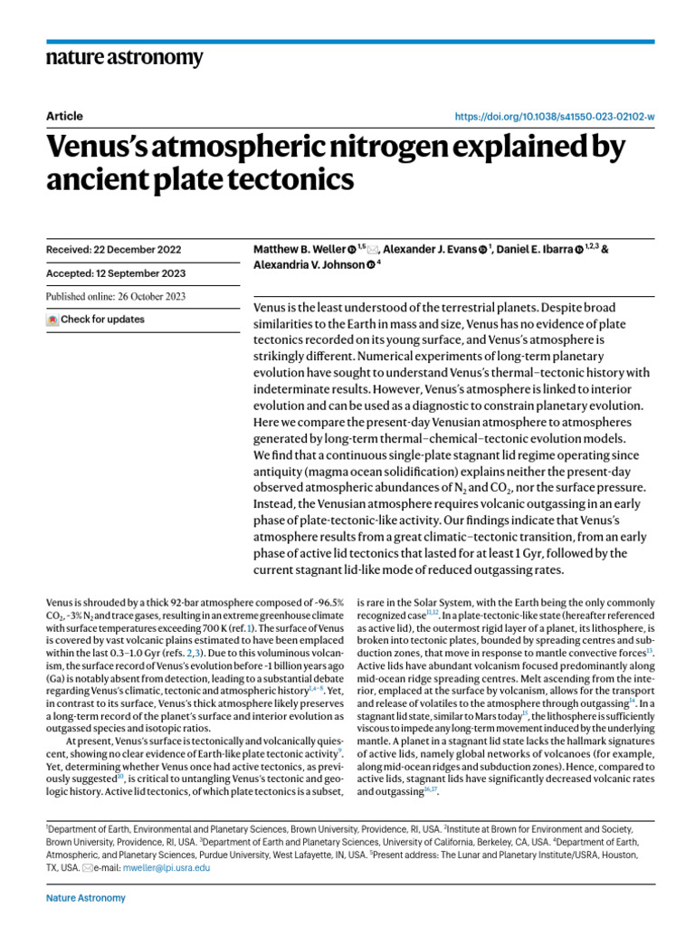 Venus's Atmospheric Nitrogen Explained by Ancient Plate Tectonics | PDF ...