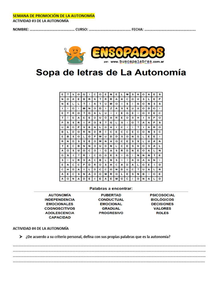 Sopa de Letras Autonomia | PDF