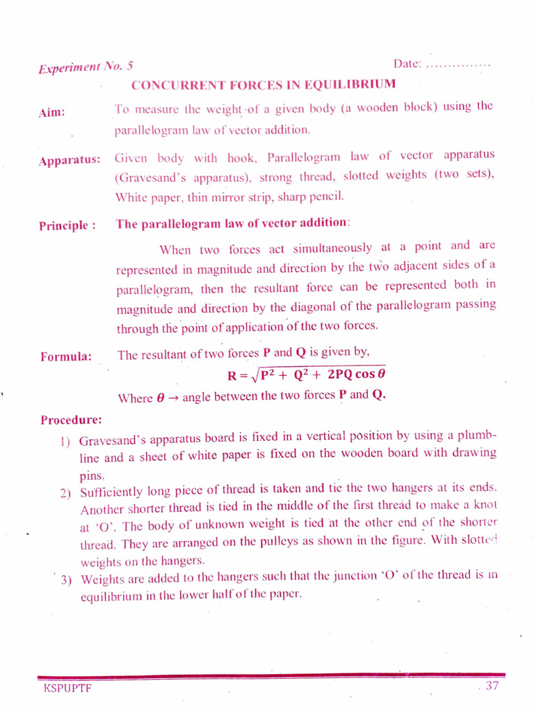 Concurrent Forces in Equilibrium, Lab Manual | PDF | Force