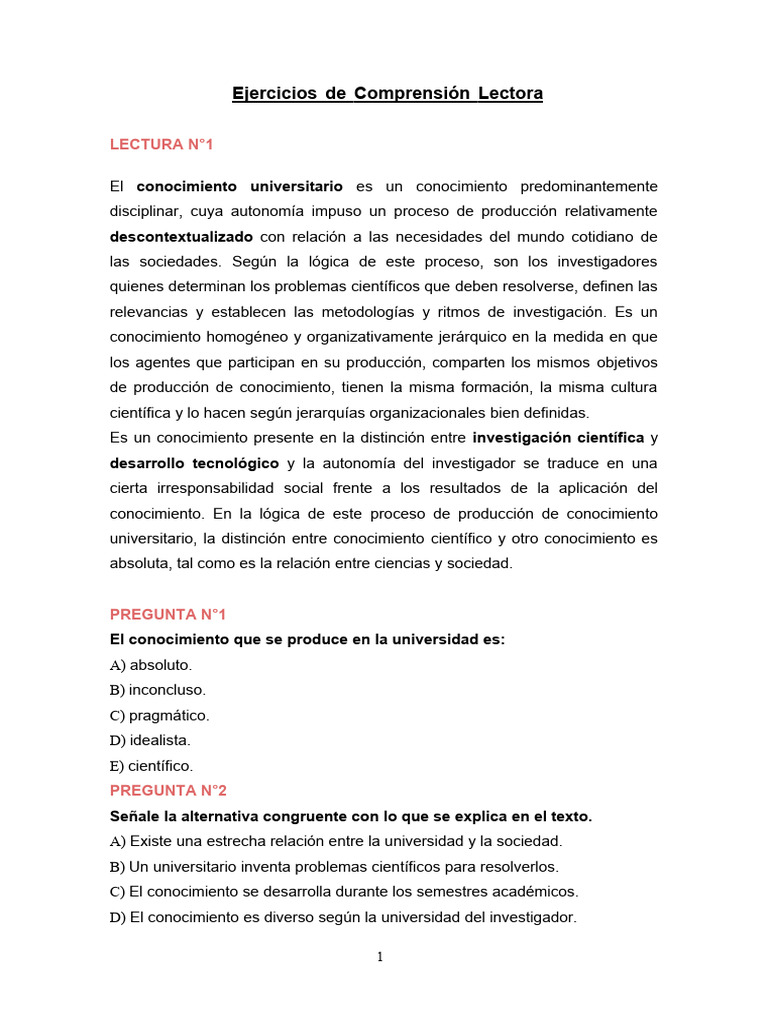 Ejercicios de Comprensión Lectora Universitaria | PDF